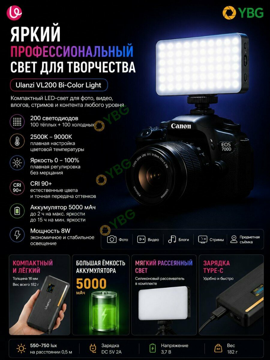 Осветитель Ulanzi VL200 Bi-color light / Светодиодный осветитель / Видеосвет для съемки контента