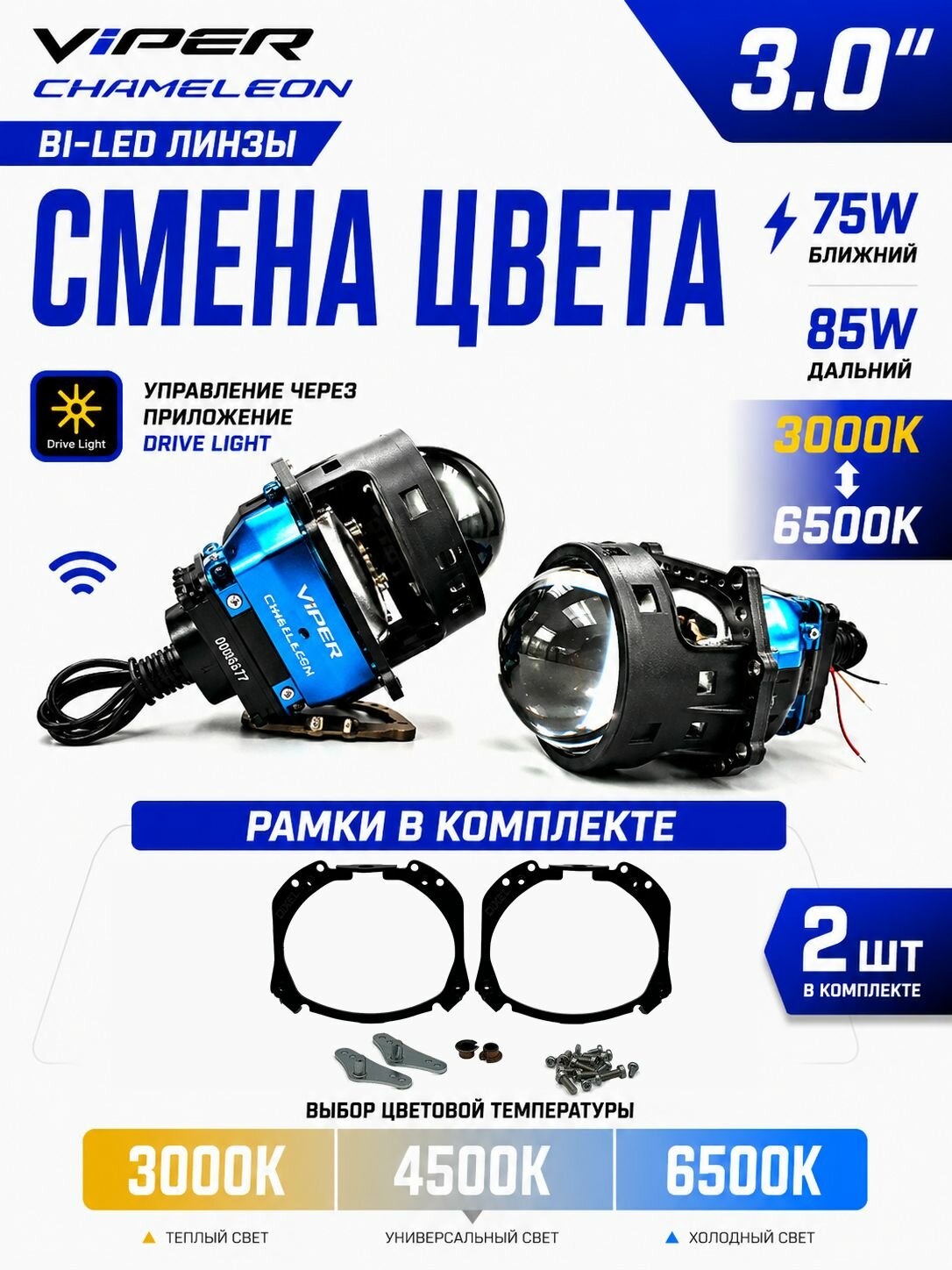 Светодиодные линзы Viper Chameleon для BMW X5 E53 рест. 2003-2006 с AFS - Viper Chameleon 75W / 85W - BI Led Светодиодные линзы с выбором цвета