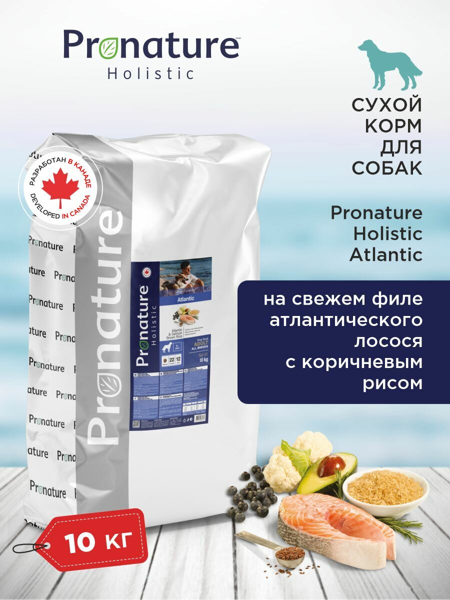 Корм для собак сухой Pronature Holistic Atlantic для кожи и шерсти на лососе с рисом, 10кг