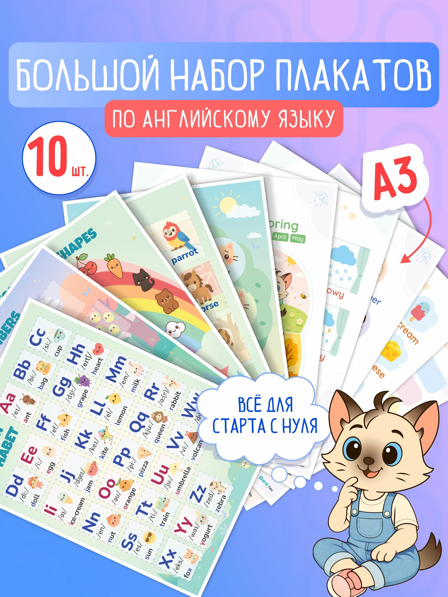 Английский алфавит, набор обучающих плакатов для детей, А3, 10 шт.