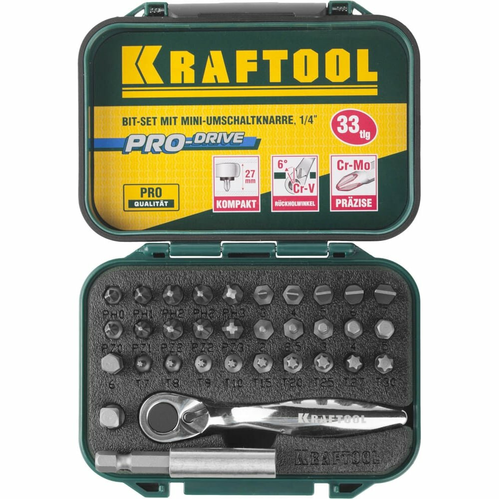 Набор бит с мини трещоткой 1/4" Kraftool EXPERT 33 предмета 26157-H33 — фото 1