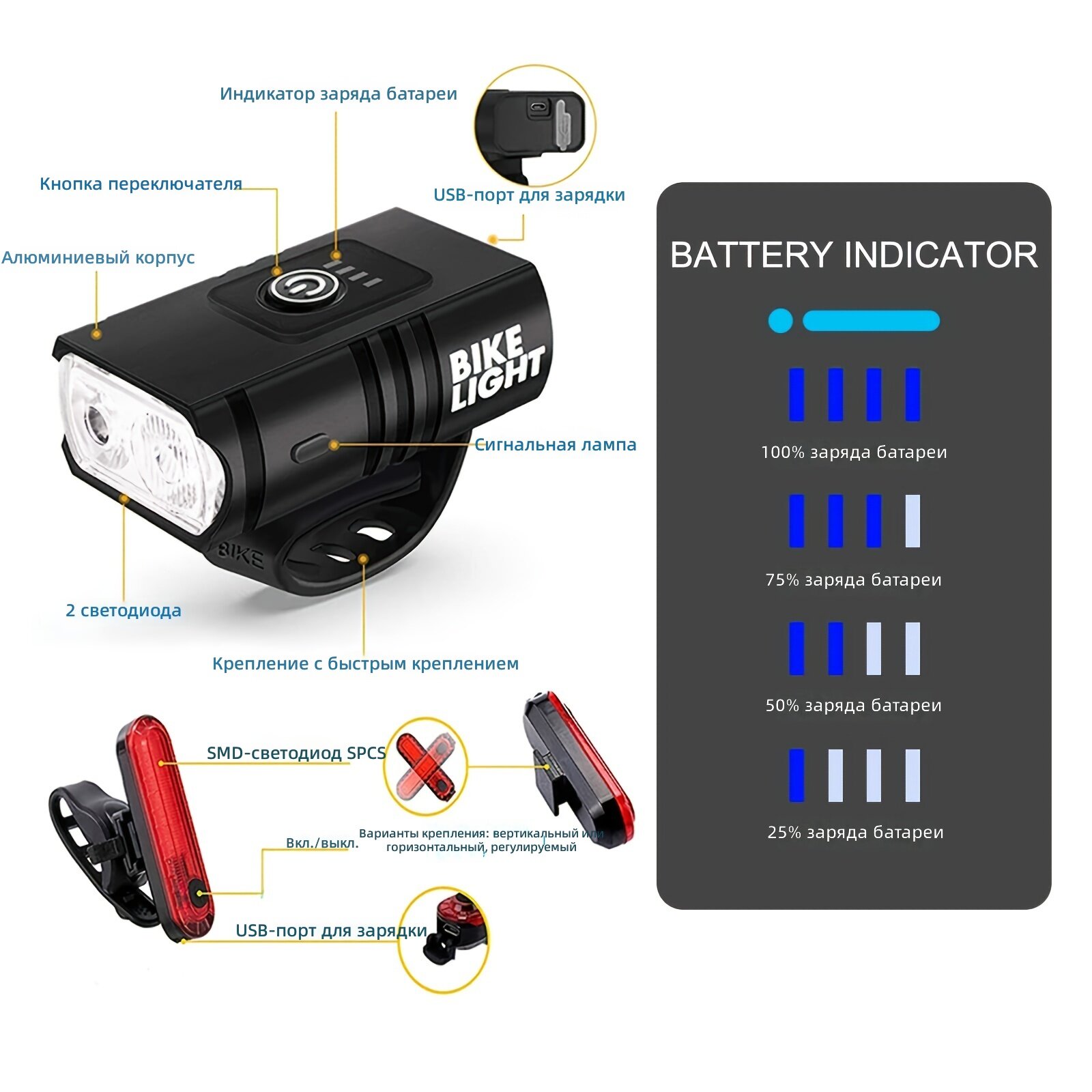Комплект из 2 шт. USB-фонарей для наружного использования: ручной фонарь, налобный фонарь и задний фонарь с защитой от воды для езды и внедорожного освещения
