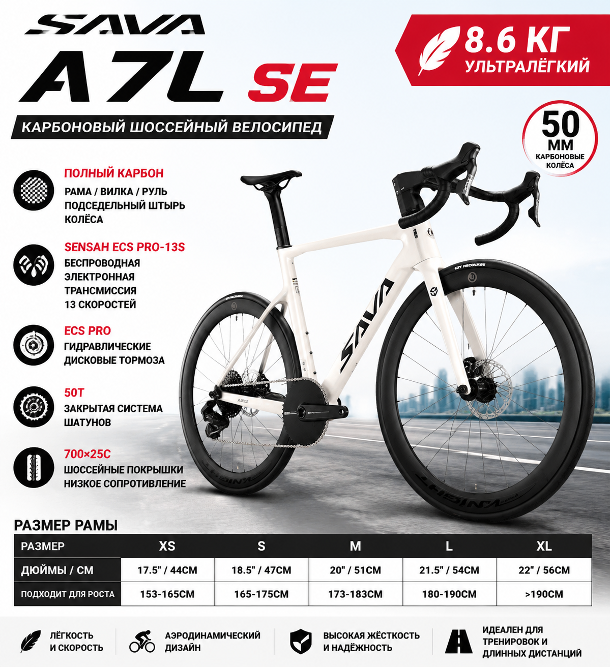 SAVA A7L SE карбоновый шоссейный велосипед 700C, рама Carbon Aero, беспроводная электронная трансмиссия SENSAH ECS PRO 13S, гидравлические дисковые тормоза, карбоновые колеса 50 мм, 8.6 кг, да