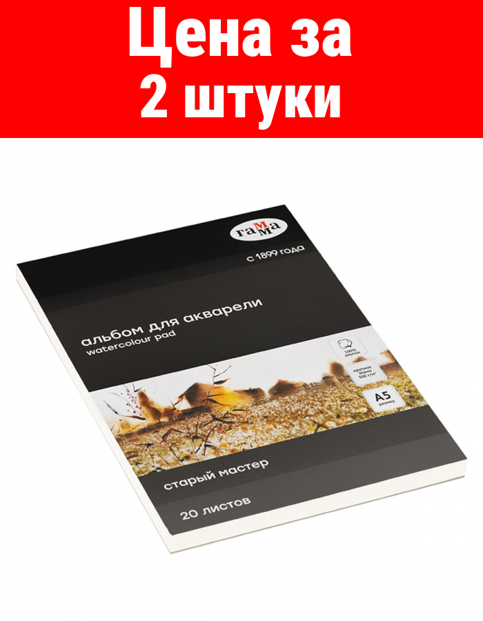 Комплект 2 шт, Альбом для акварели, 20л, А5, на склейке Гамма "Старый Мастер", 300г/м2, крупное зерно, 100% хлопок