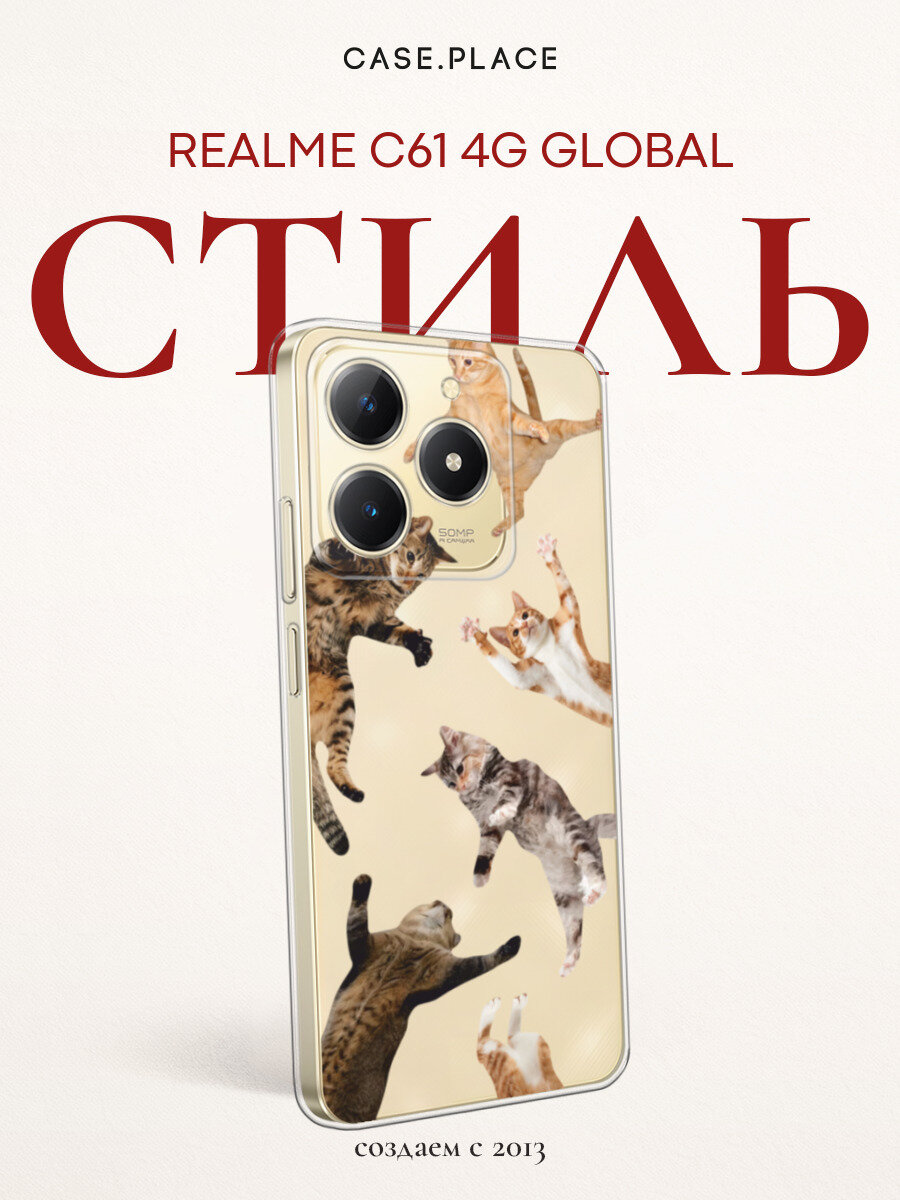 Чехол на Realme C61 4G (Global) / Реалми С61 4G с принтом Смешные коты, прозрачный