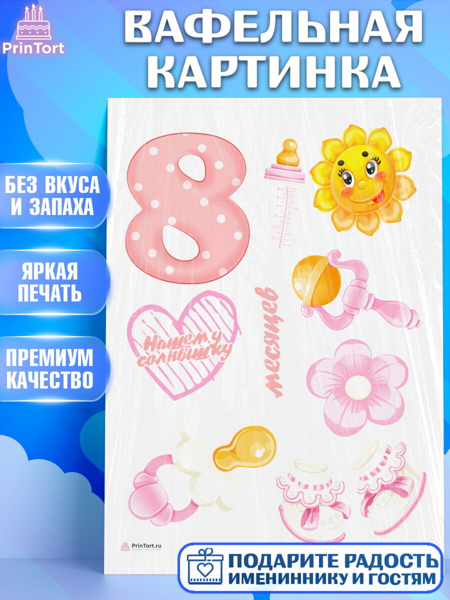 Вафельная картинка для торта Девочке 8 мес. Украшения для торта девочке на День Рождения. Декор для выпечки PrinTort