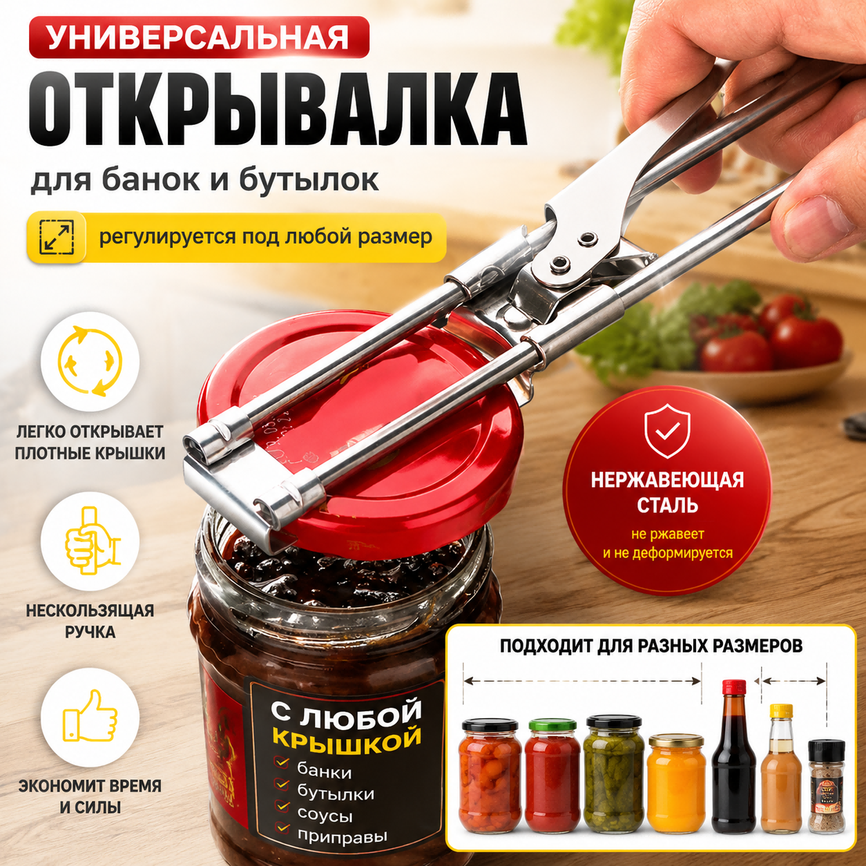Универсальная открывалка для бутылок и банок из нержавеющей стали, регулируемый кухонный инструмент