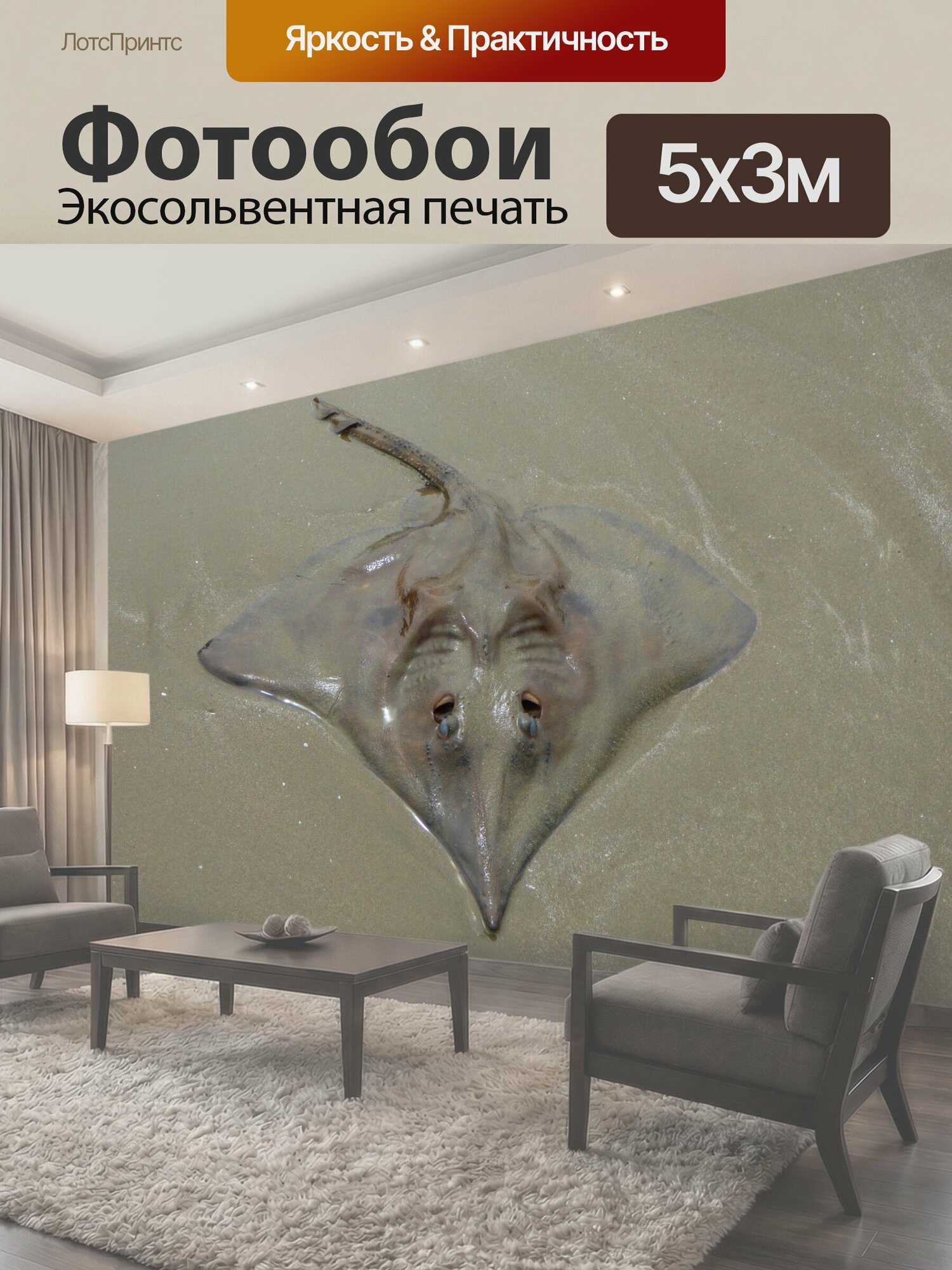 Фотообои "Stingray в песок близком расстоянии от ската на песчаном берегу во время отлива. Маленький парень был просто отлично! Следующая." 500x300 см. экосольвентная печать