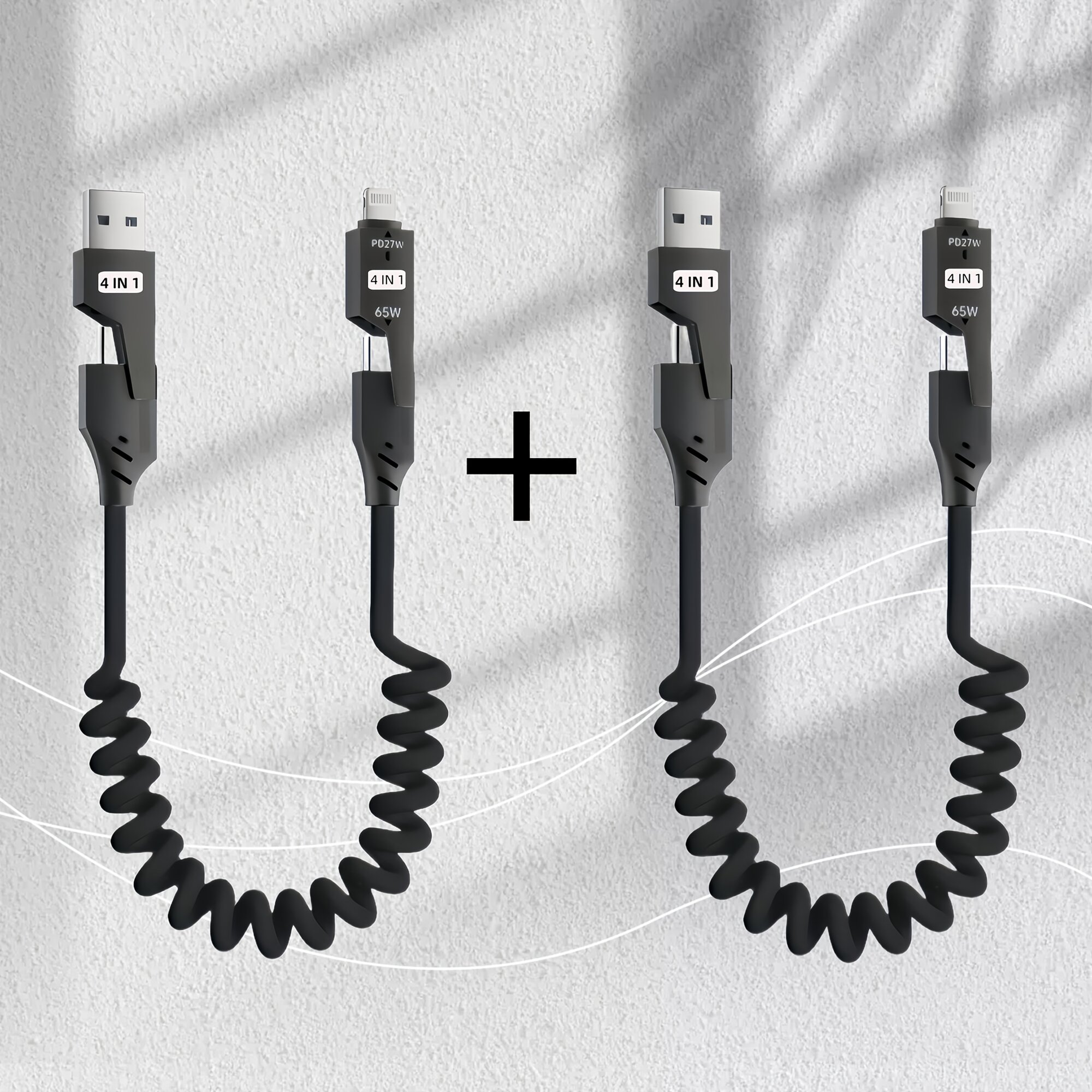 Пружинный втягивающийся кабель для зарядки 4-в-1 с разъемами USB-C, выходная мощность 50–80 Вт, безопасное напряжение 36 В, прочный и гибкий, 2 штуки, черный