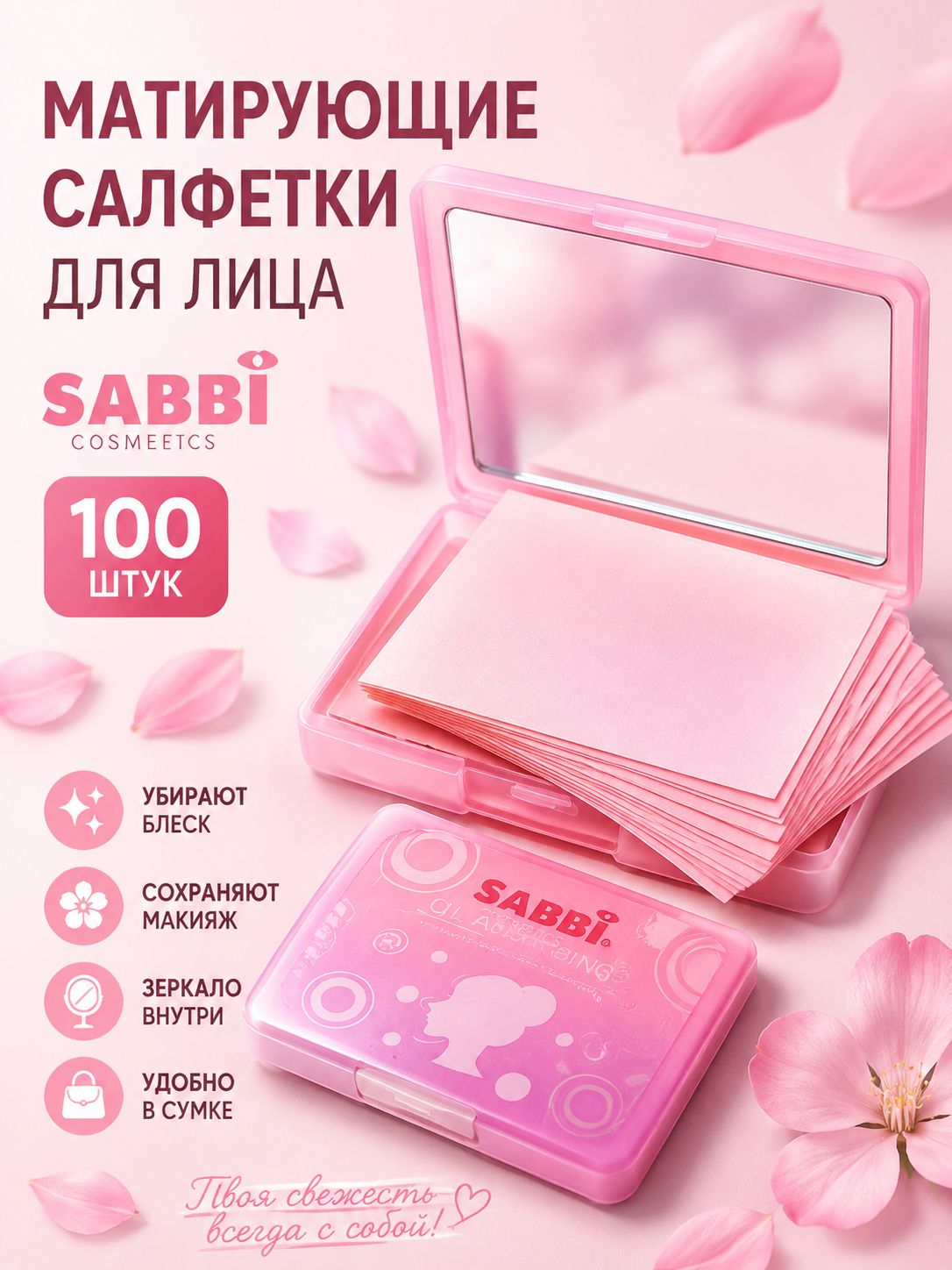 Салфетки матирующие для лица в футляре с зеркалом 100 шт