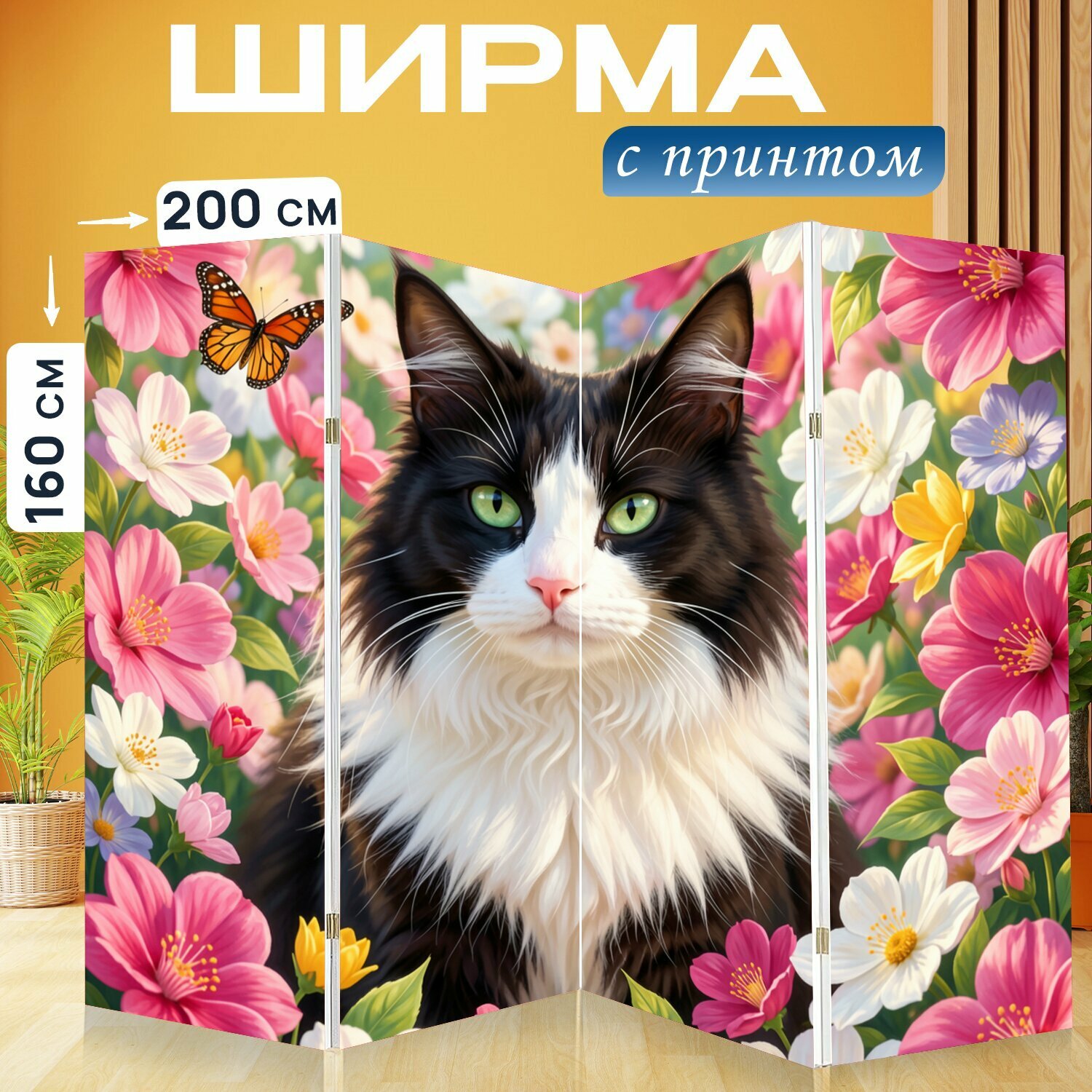 Ширма "Черно-белый кот среди цветов. Пушистый домашний питомец с зелёными глазами на фоне яркого цветочного." перегородка для зонирования комнаты с принтом 200x160 см. на холсте