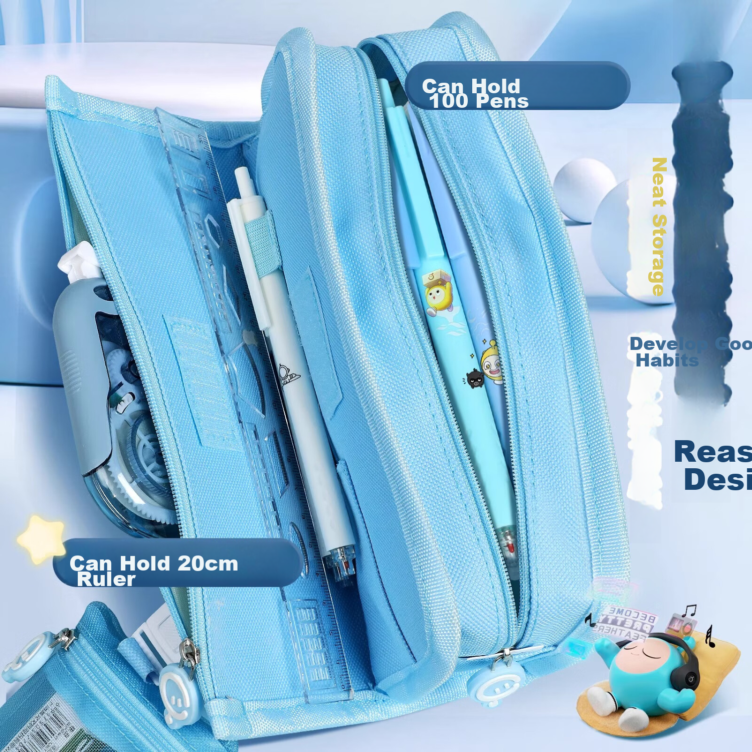 Mingyu Egg Party Pencil Case, Multi-Layer Large Capacity, Elementary School Student Stationery Box, High-Quality Pencil Case for Middle School Students, Cute Cartoon Pencil Case for Boys And Girls, First Grade Children, Back-To Gift, Blue