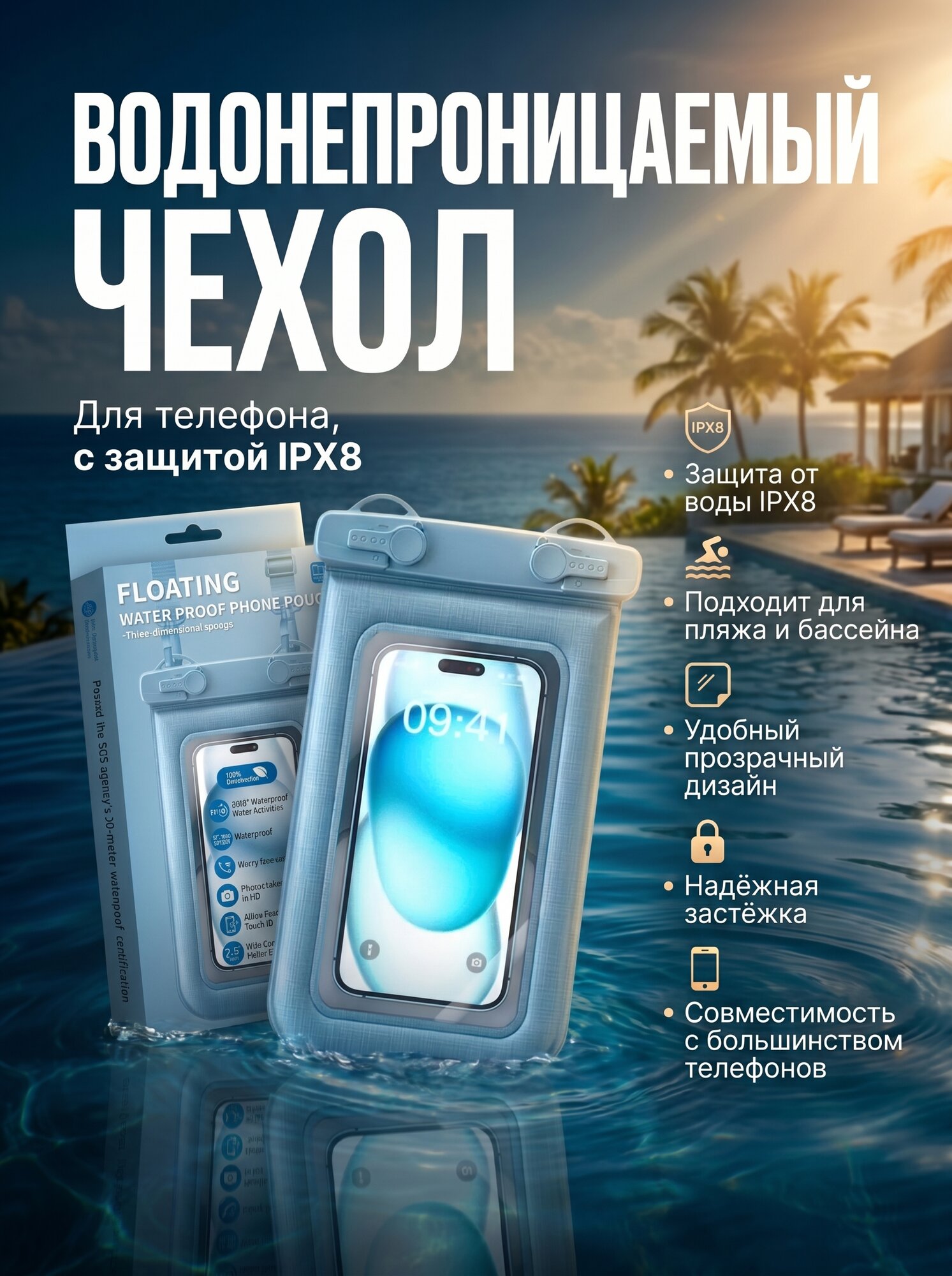 Водонепроницаемый чехол для телефона (смартфона) и документов на шею универсальный, 6.9 дюйма, голубой