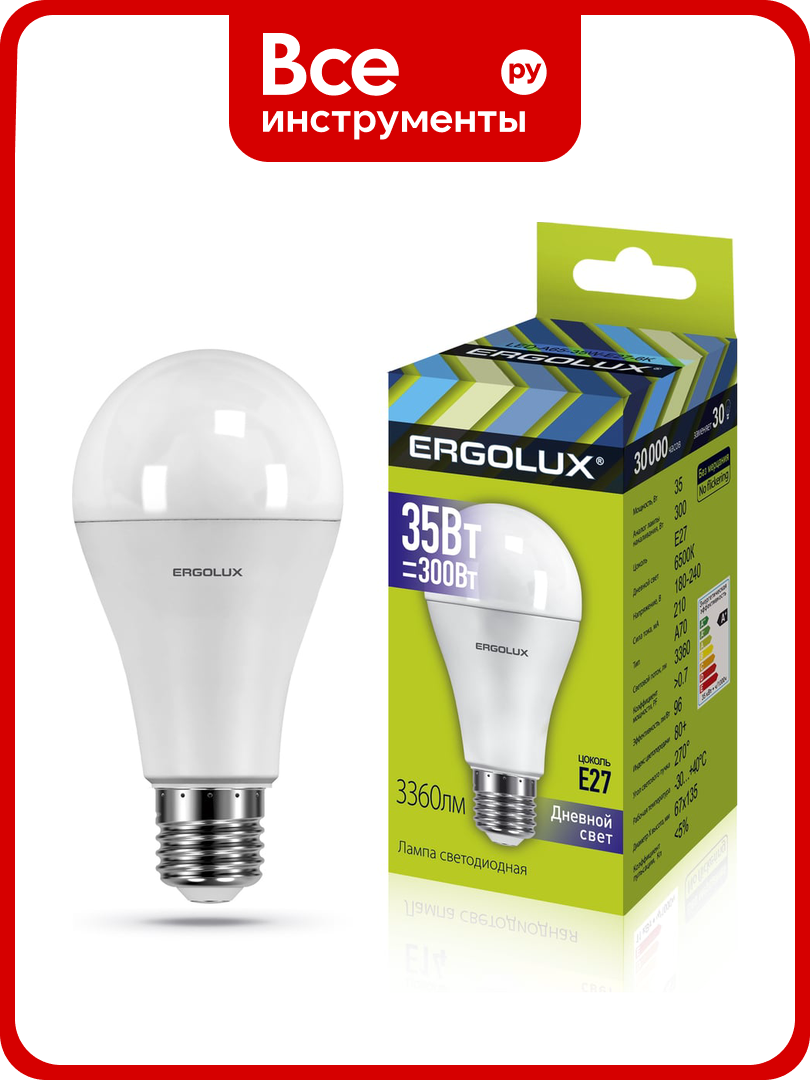 Светодиодная лампа Ergolux LED-A70-35W-E27-6K ЛОН, 35Вт, E27, 6500K, 180-240В 14232