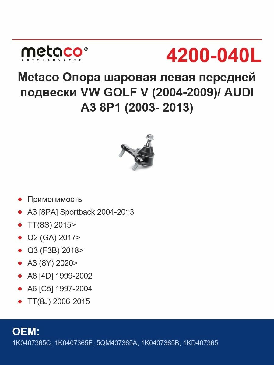 Metaco Опора шаровая левая передней подвески VW GOLF V (2004-2009)/ AUDI A3 8P1 (2003- 2013)