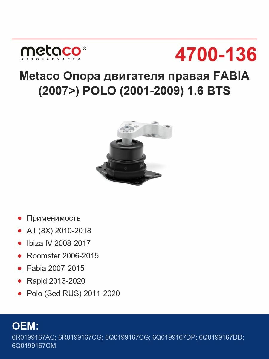 Metaco Опора двигателя правая FABIA (2007>) POLO (2001-2009) 1.6 BTS