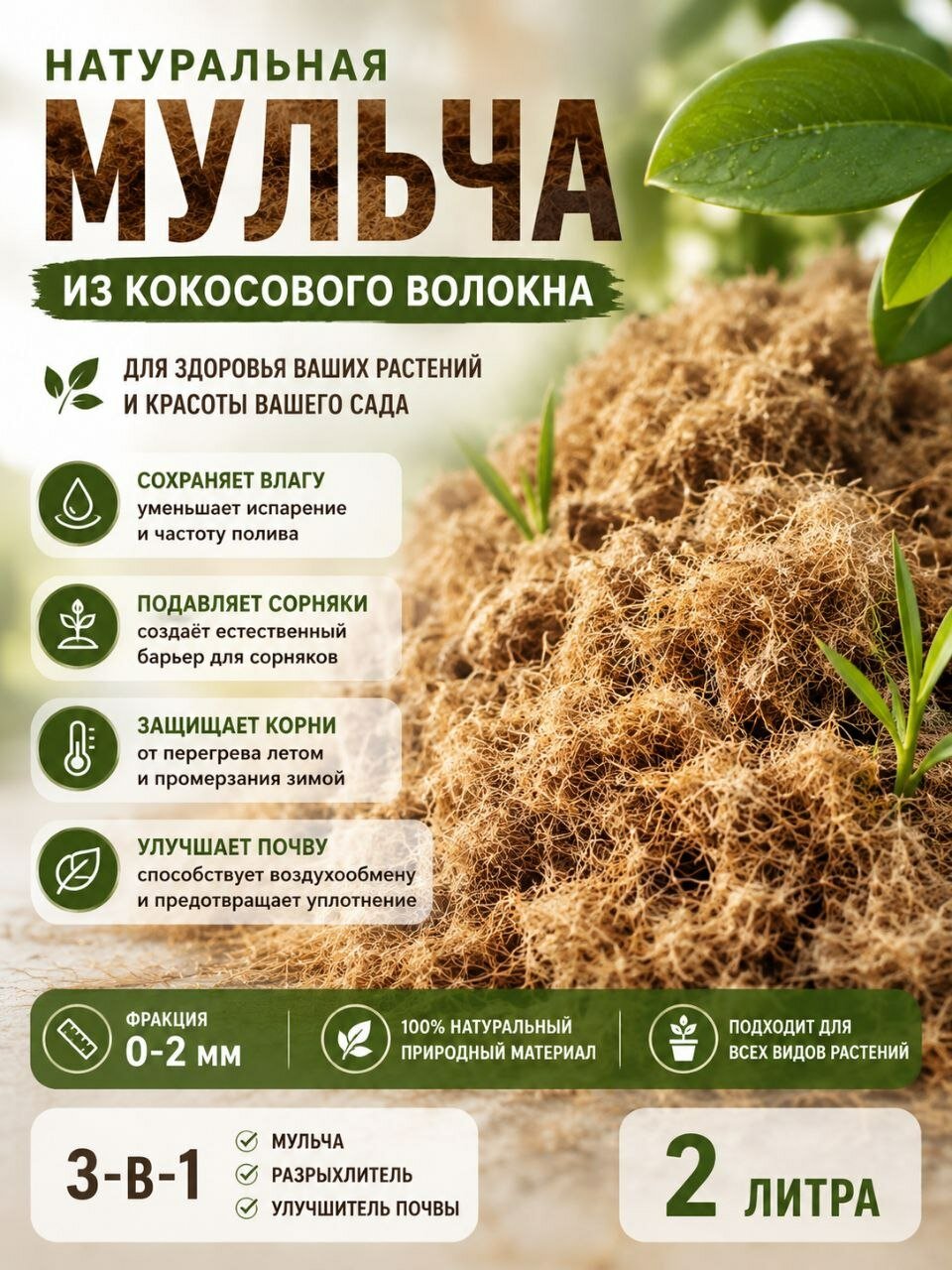 Мульча кокосовая для сада 2 литра 200 грамм