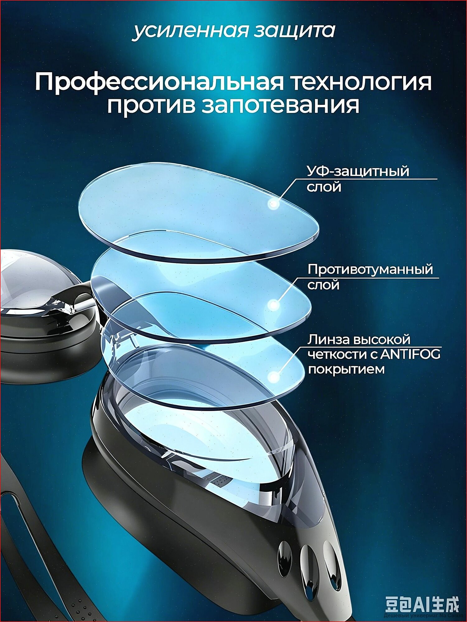 Очки для плавания, поликарбонатные линзы, UV400, антизапотевающие, гидродинамические — фото 1