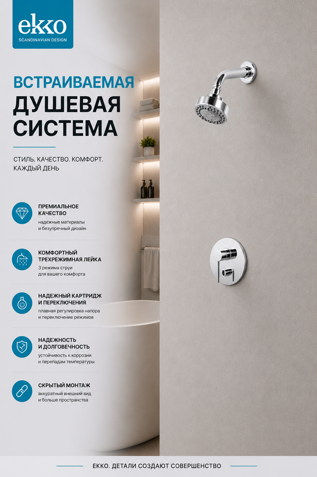 Смеситель встраиваемый для ванны душа EKKO by Maxonor MN7101, латунь, хром