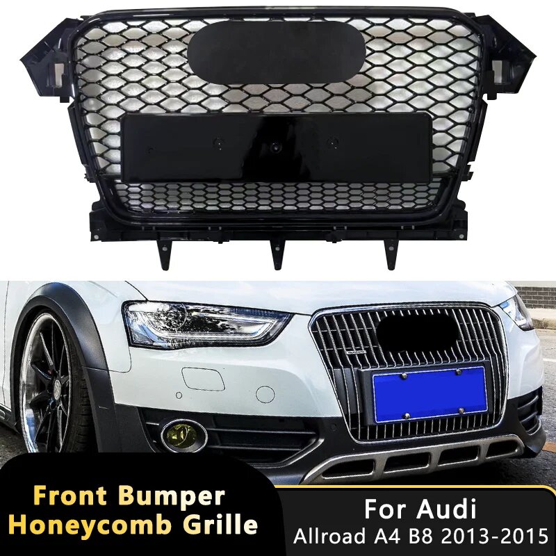Для Audi A4 B8 Allroad 2013-2015 S4: Решетка переднего бампера с сотовой сеткой в стиле RS4, глянцевая черная, гоночная решетка Quattro, автомобильные аксессуары
