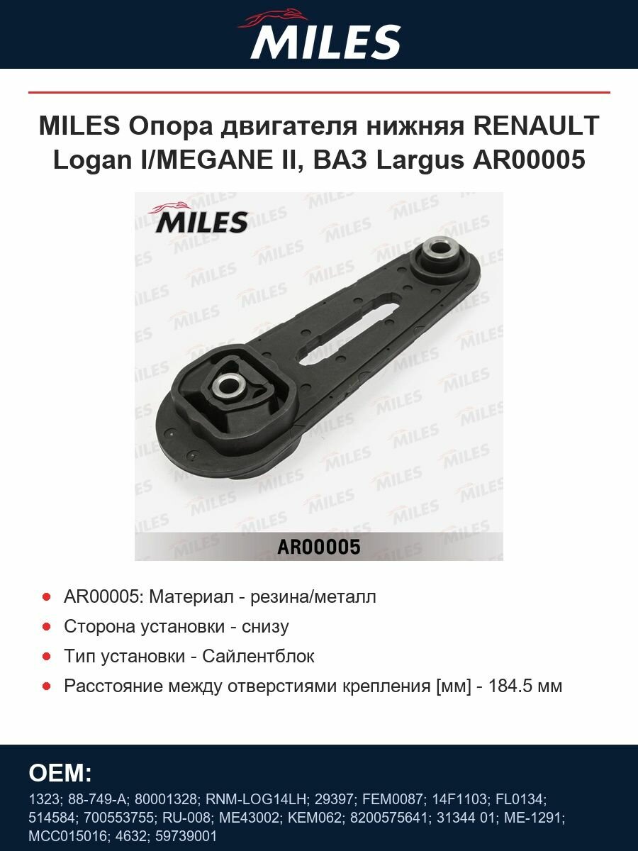 MILES Опора двигателя нижняя RENAULT Logan I/MEGANE II, ВАЗ Largus AR00005