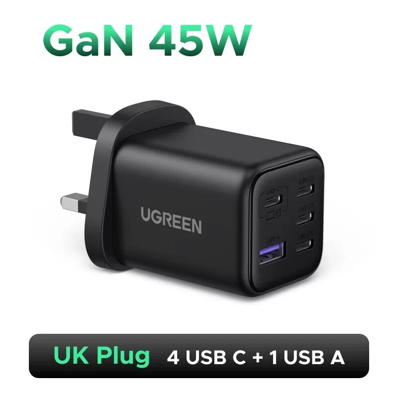 【Вилка Великобритании】UGREEN 45 Вт 30 Вт 20 Вт Зарядное устройство GaN PD 3.0 USB UK GaN 45W 5 Ports