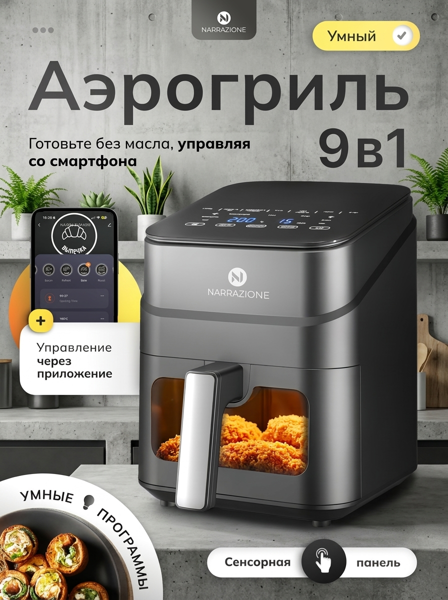 Аэрогриль электрический NARRAZIONE ERA470D / 4л,1250вт, 9 программ, аэрофртюрница с чашей и решеткой