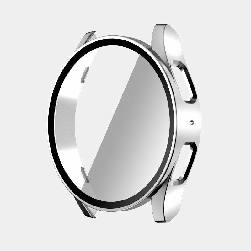 Серебристый чехол для умных часов Samsung Watch 5 44 мм с ПК-рамкой и закаленным стеклом экрана - Высококачественный