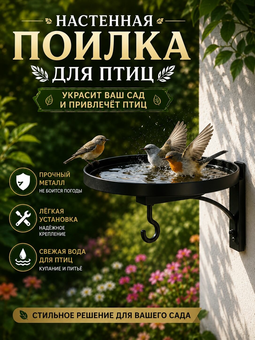 Садовая поилка для птиц настенная металлическая декоративная кормушка для сада и дачи уличная поилка-кормушка настенная кормушка