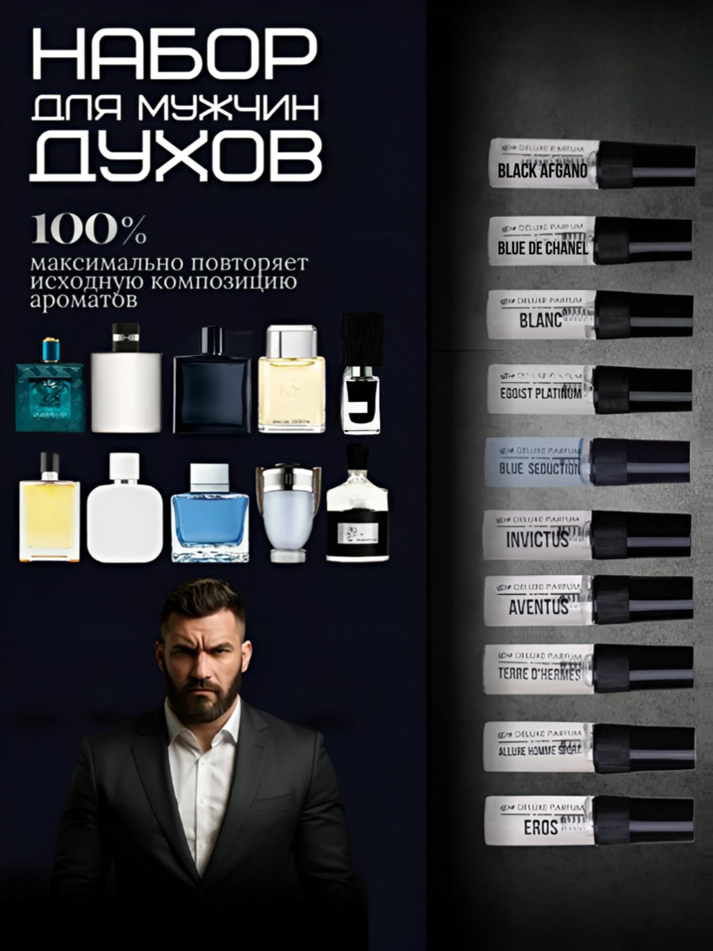 PARFUM DELUXE набор мужских мини духов с древесно-фужерными нотами, 10 шт по 3 мл мужские миниатюры духов набор пробников древесно-фужерный аромат флаконы 3 мл
