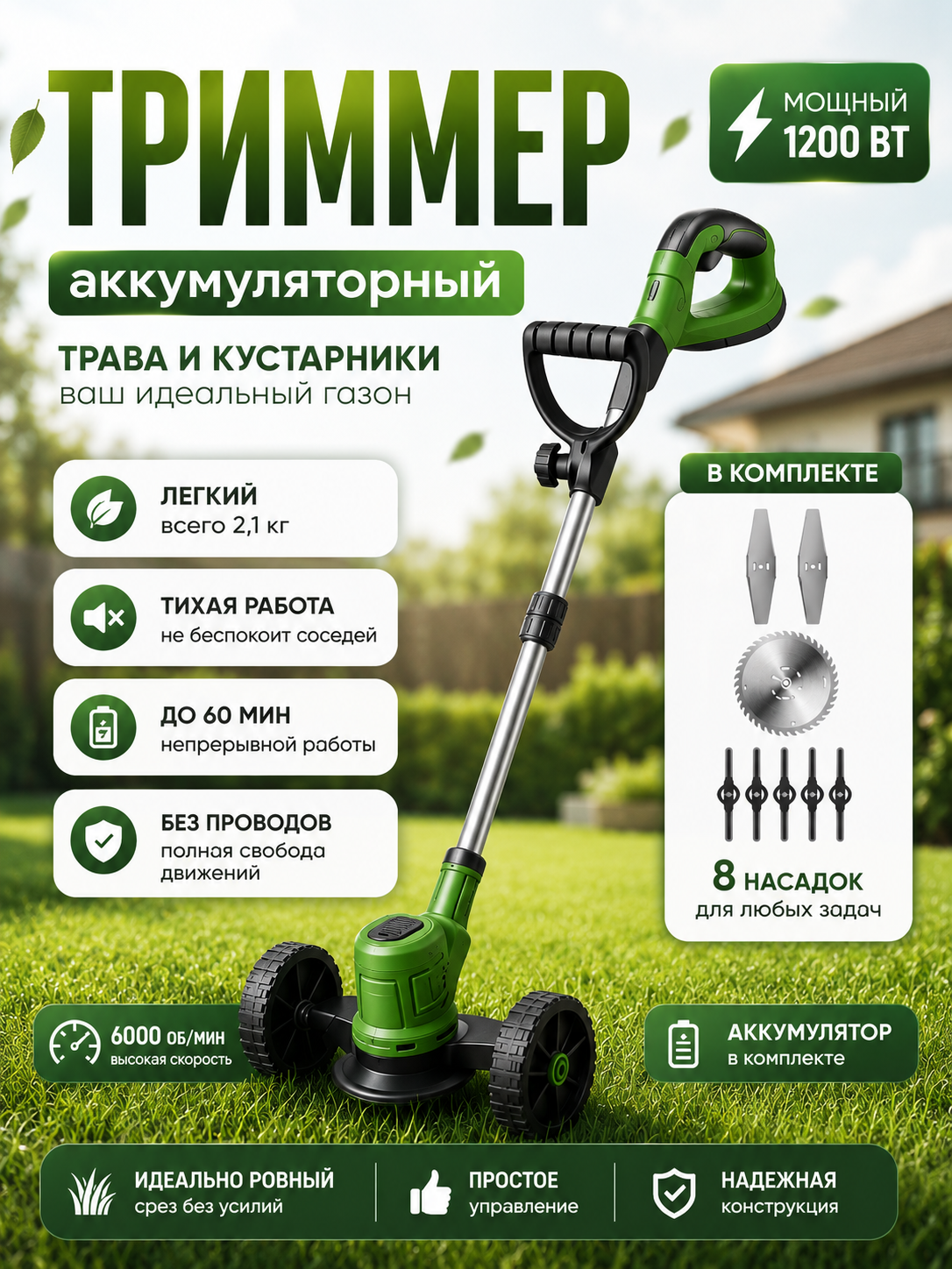 Аккумуляторный садовый триммер для травы и газона на колесах, 2 АКБ, 8 насадок, зеленый
