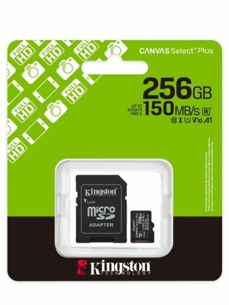 Карта памяти MicroSDXC 256 Gb Kingston SDCS3/256GB 150Mb/s Canvas Select Plus Gen3 A1 U1, с адаптером