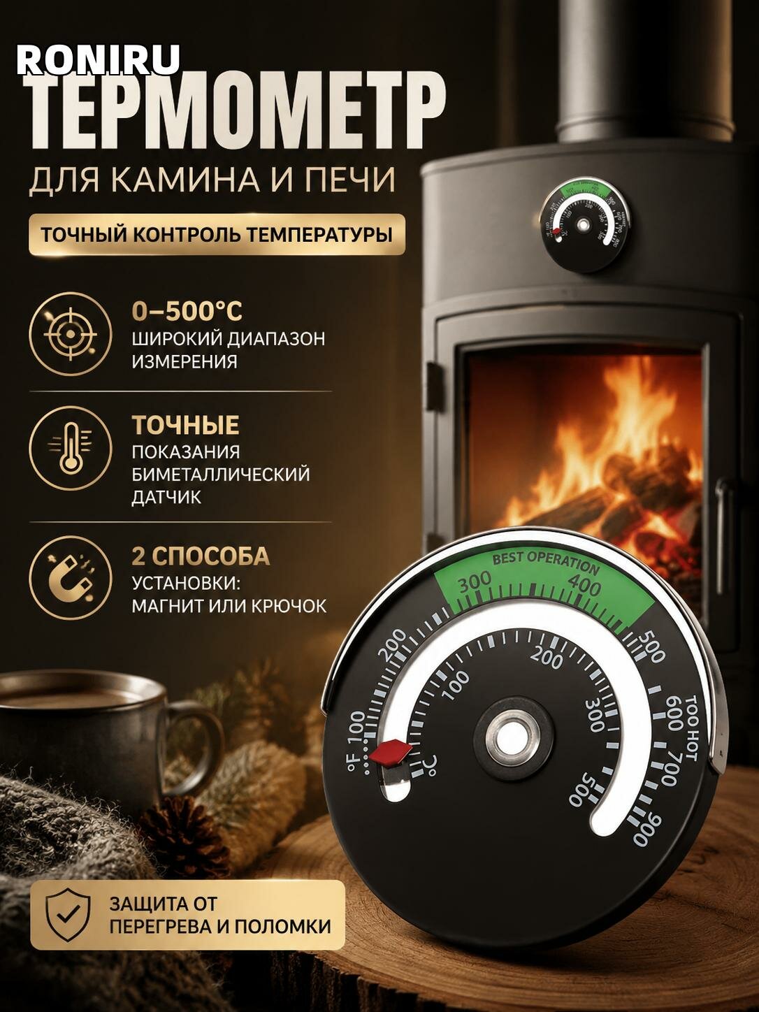 Термометр для камина и печи с биметаллическим датчиком 0–500°C, точные показания, крепление магнитом или на крючок