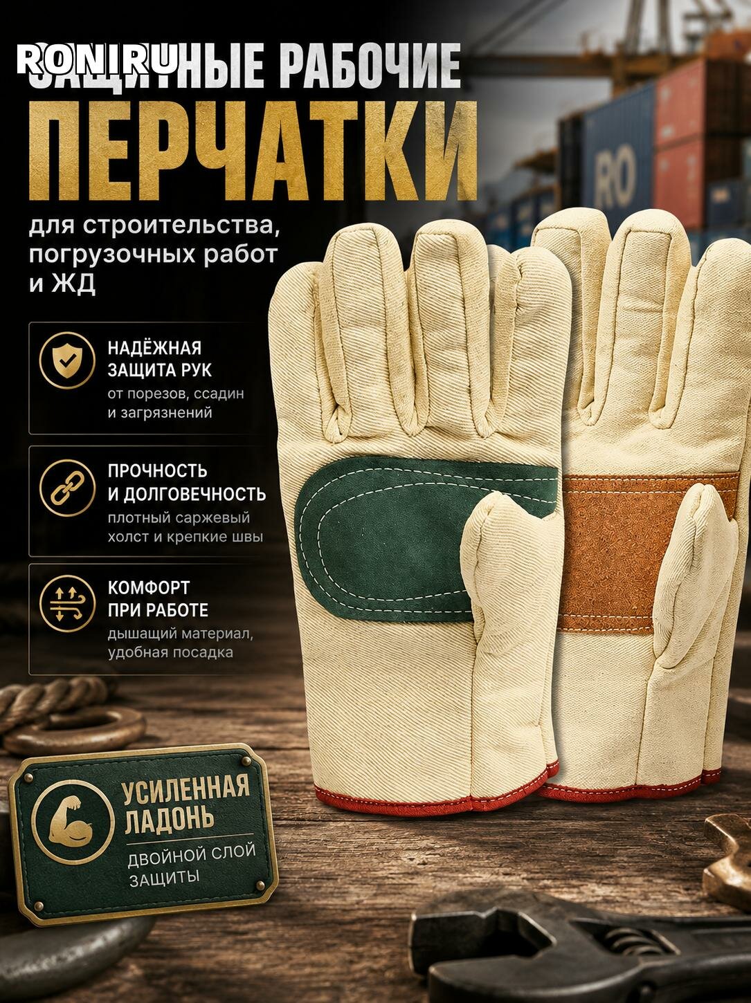 Защитные рабочие перчатки с утолщённой ладонью из саржевого холста для строительства и погрузочных работ, и ЖД
