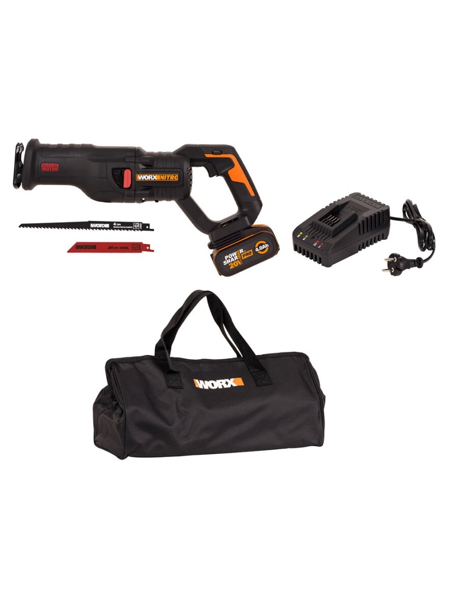 Пила сабельная аккумуляторная Worx WX516, 20В, 4Ачх1, ЗУ 2А