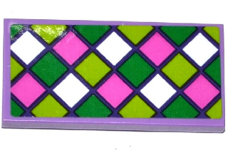 Tile 2 x 4 with Dark Pink, Green, Lime and White Squares Mosaic Pattern (Sticker) - Set 41065, 87079pb0328 Medium Lavender U