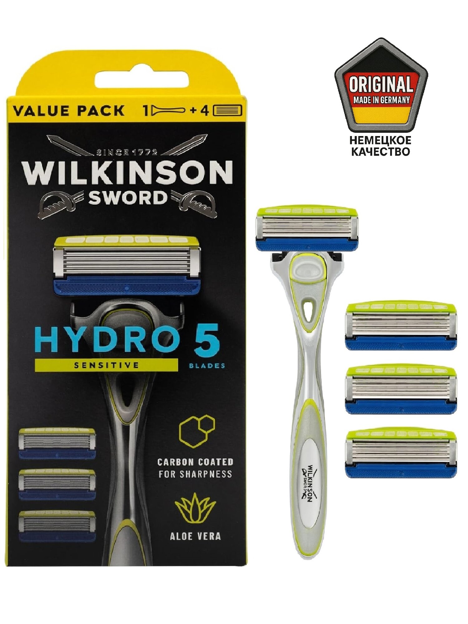 Hydro 5 Sensitive Carbon / Станок для бритья с 4 сменными кассетами.