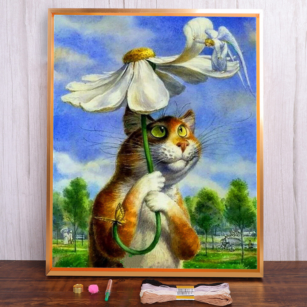 MEIAN Набор для вышивания,30x40CM,11CT, Кошка японские цветы