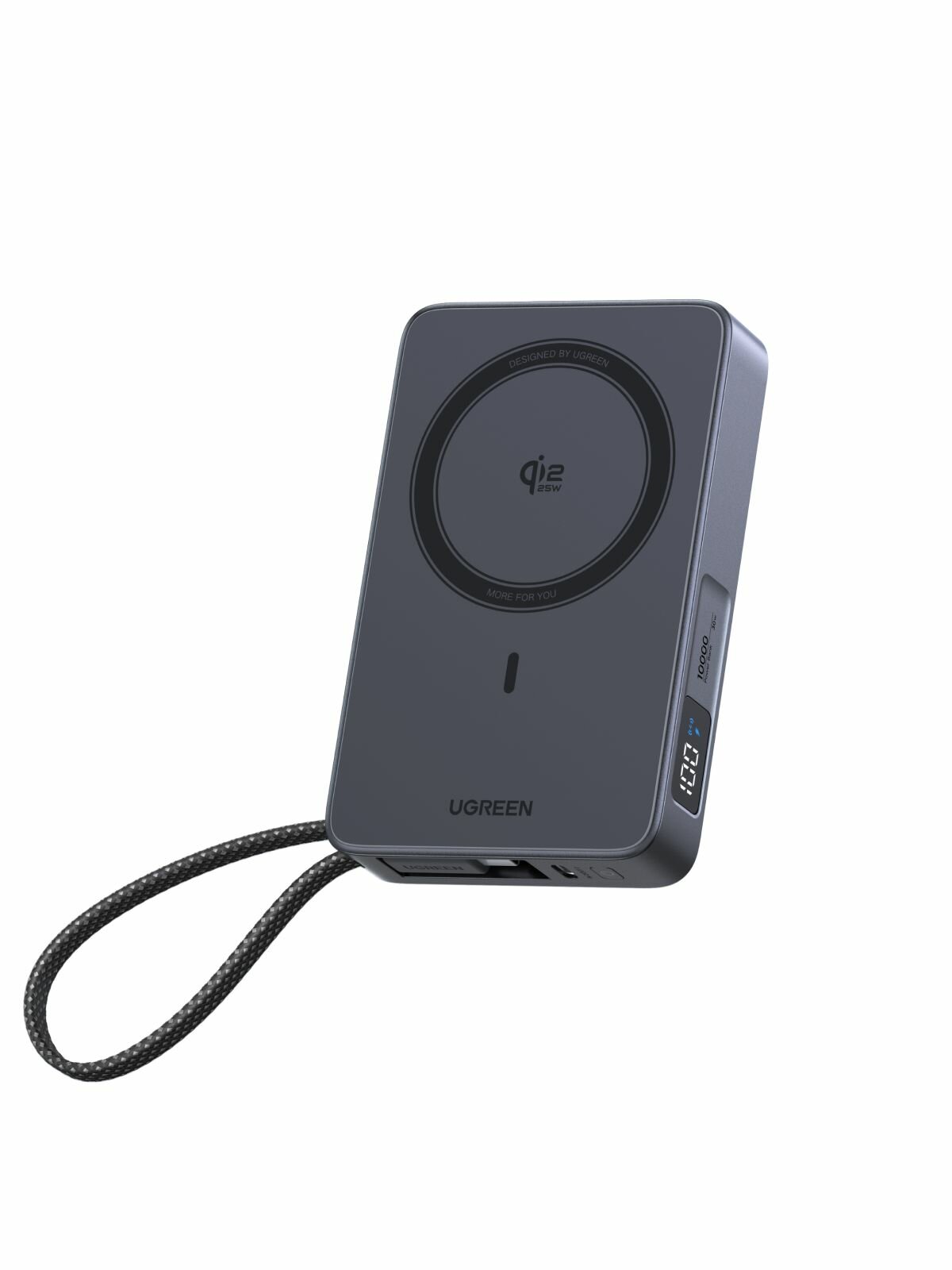 Внешний аккумулятор UGREEN PB773 (85956B) "MagFlow" 30W W-less 10000mAh Qi2.2 Power Bank&Built-in Cable (CCC) со встроенным кабелем USB-C. Цвет: серый космос
