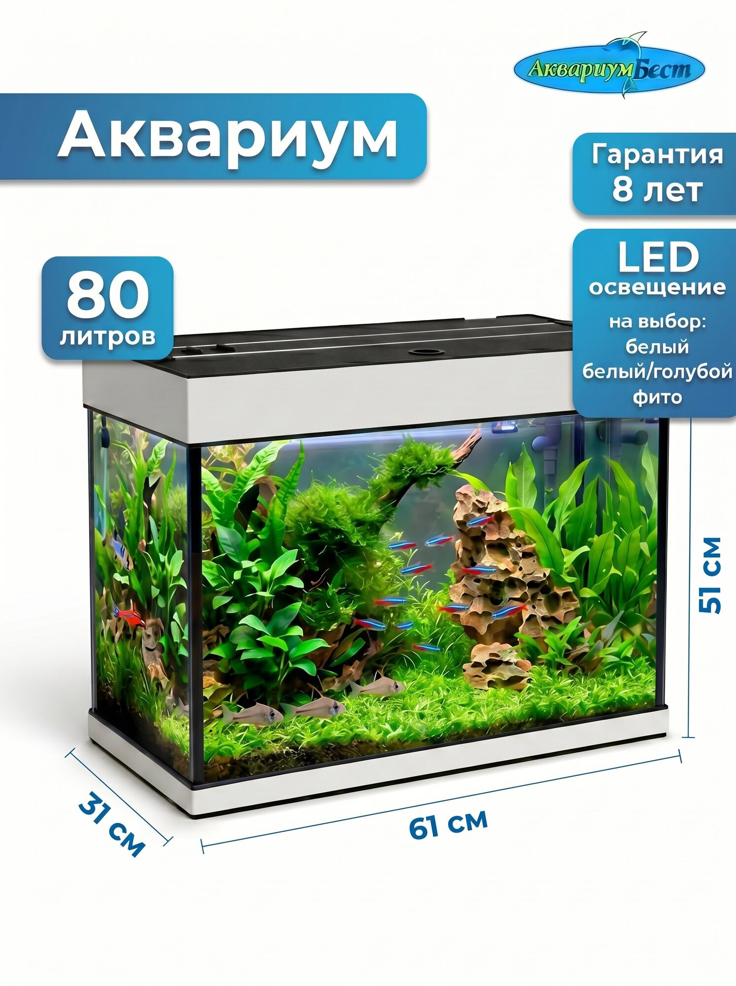 Аквариум 80 литров АквариумБест с LED освещением, Белый (61х31х51 см)