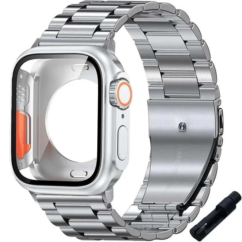 Металлический ремешок из нержавеющей стали Чехол для Apple Watch Band 44 мм 45 мм 41 мм 40 мм, Сменный чехол для ПК, Ультра бампер для iWatch 9 8 7 6 SE 5 4
