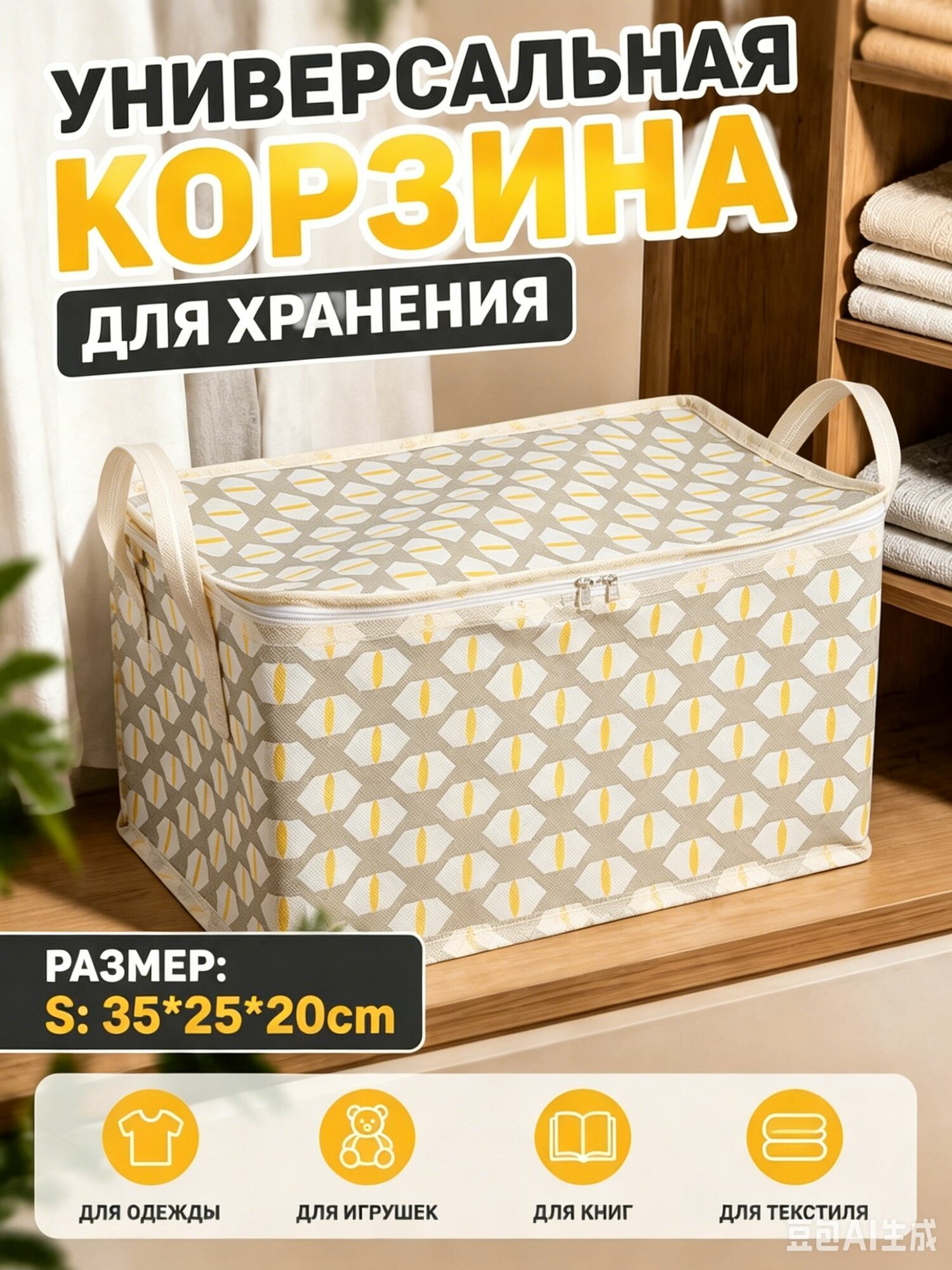 Органайзер для хранения вещей 35x24.9x20 см бязь желтый короб для хранения из бязи тканевый контейнер для вещей