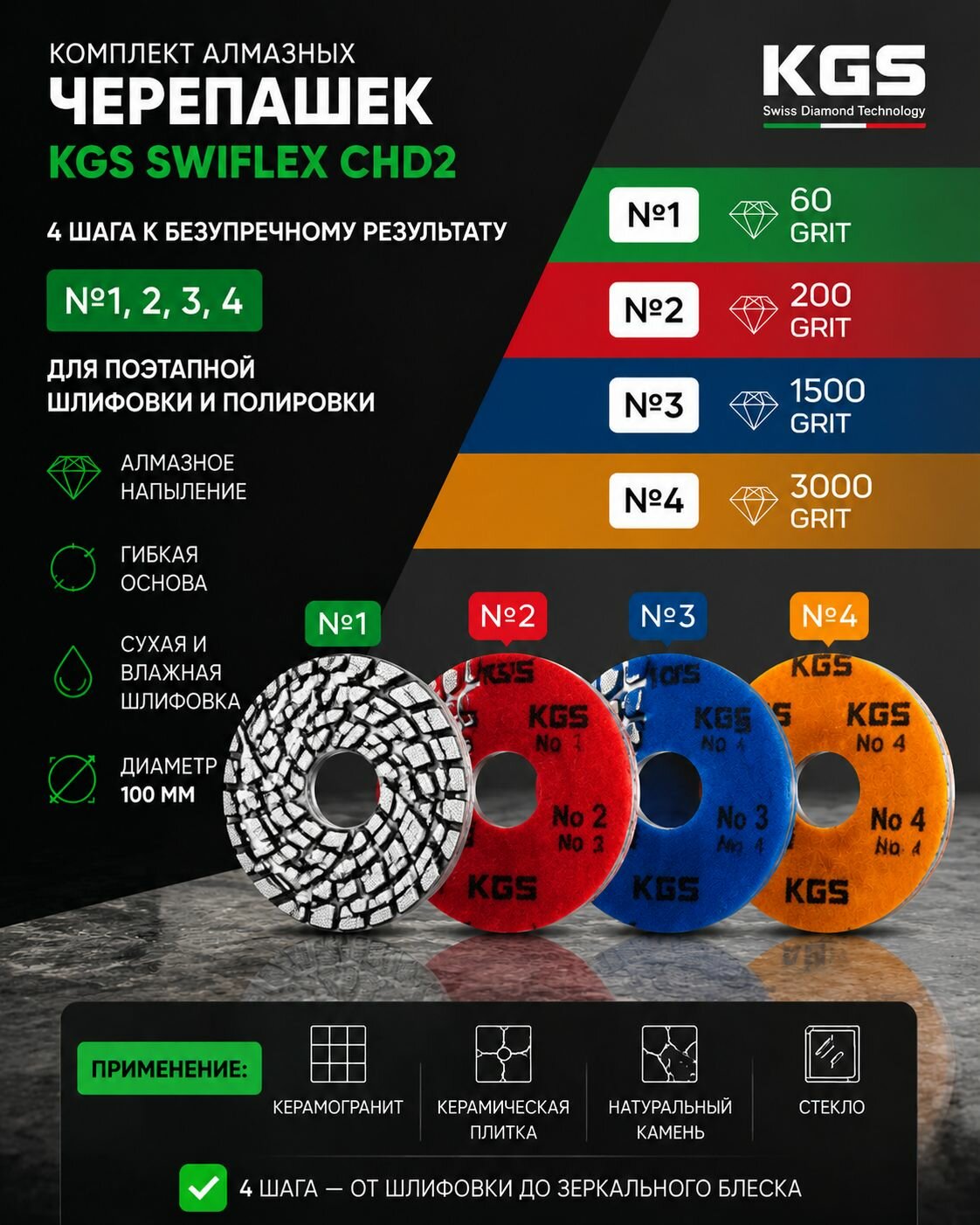 Комплект алмазных черепашек KGS Swiflex CHD2 - 4шт (№1,2,3,4) для поэтапной шлифовки керамогранита, плитки, камня