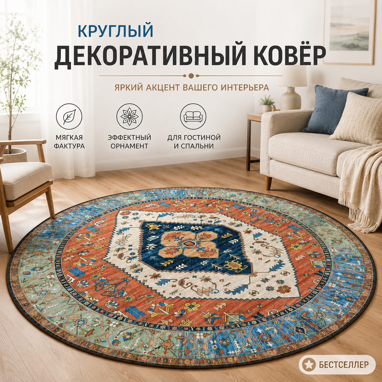 Марокканский уличный водонепроницаемый ворсистый ковер для украшения дома, коврик, 1.2m×1.2m, Длина: 1.2 м•Ширина: 1.2 м