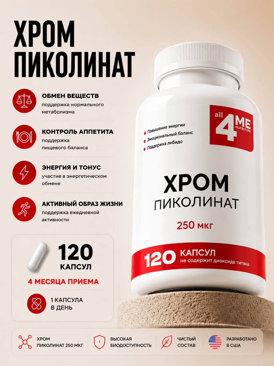 Хром пиколинат ALL4ME 250 мкг, 120 капсул, Chromium Picolinate, для контроля аппетита, обмена веществ и поддержки организма