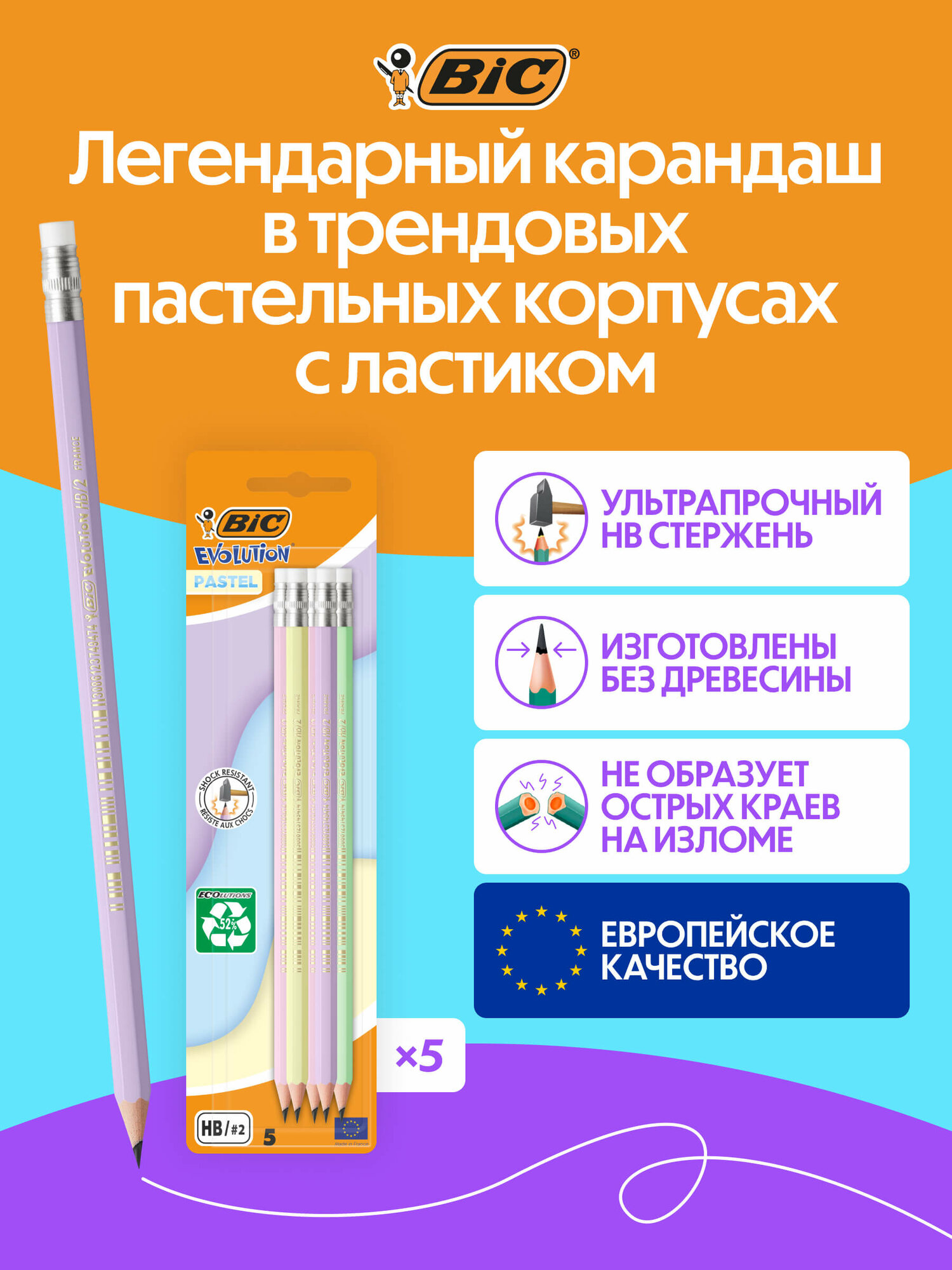 Карандаш чернографитовый BIC Пастель с ластиком, 5 штук в упаковке