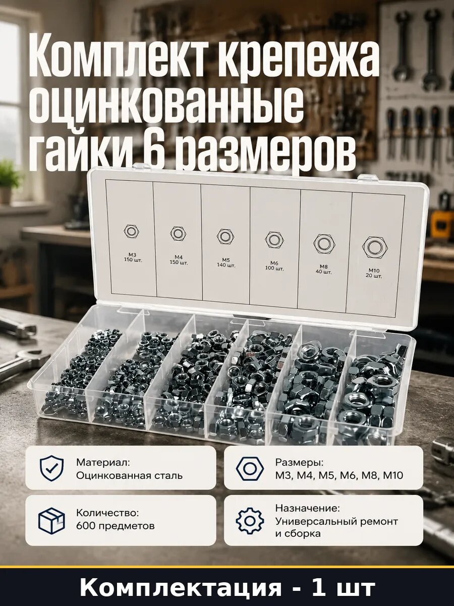Набор гаек оцинкованных 600 штук М3 М4 М5 М6 М8 в упаковке