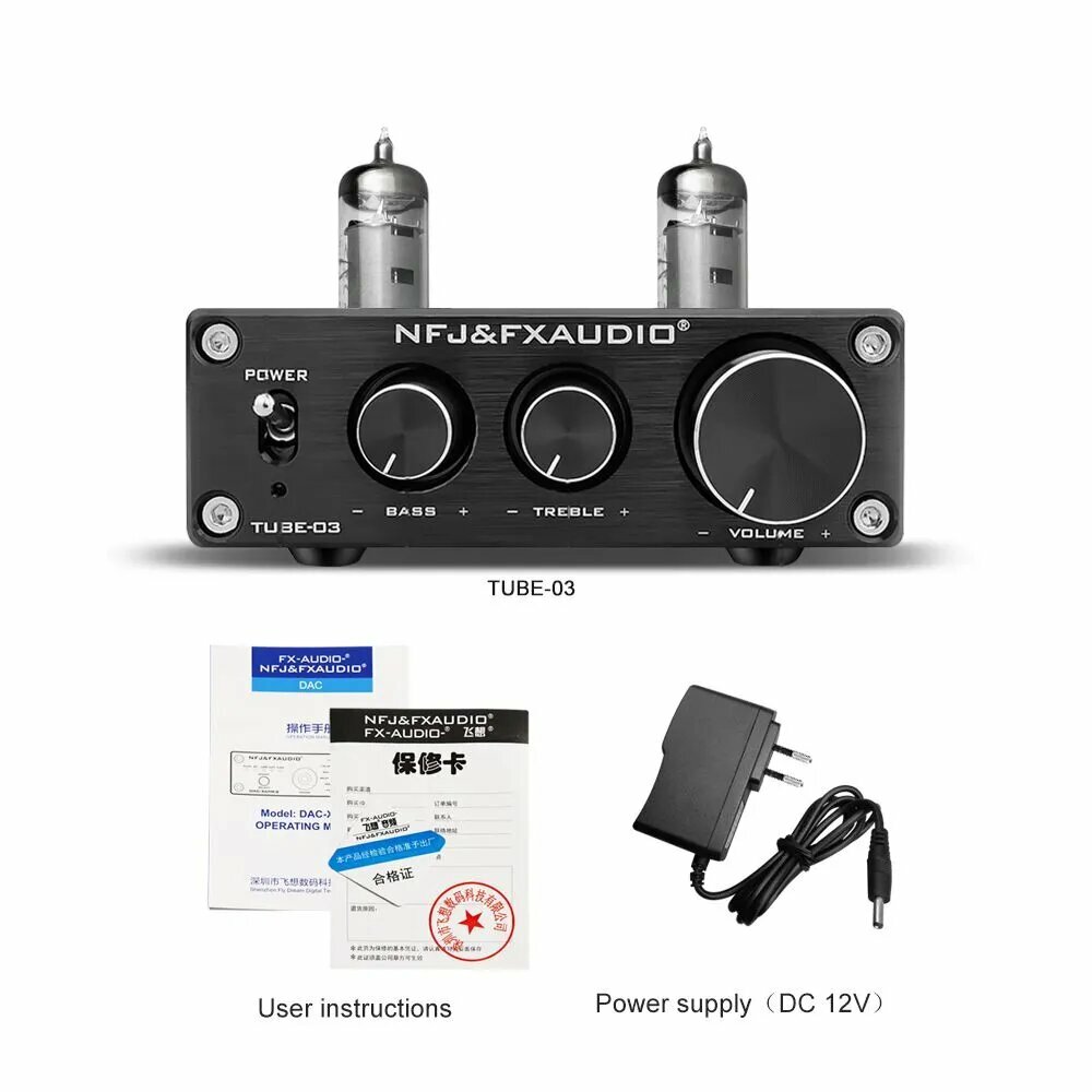 FX-AUDIO TUBE-03 (6K4 трубки) Портативный ламповый предварительный усилитель HiFi 2.0 Цифровой аудиодекодер DC12V / 1A Адаптер питания Черный