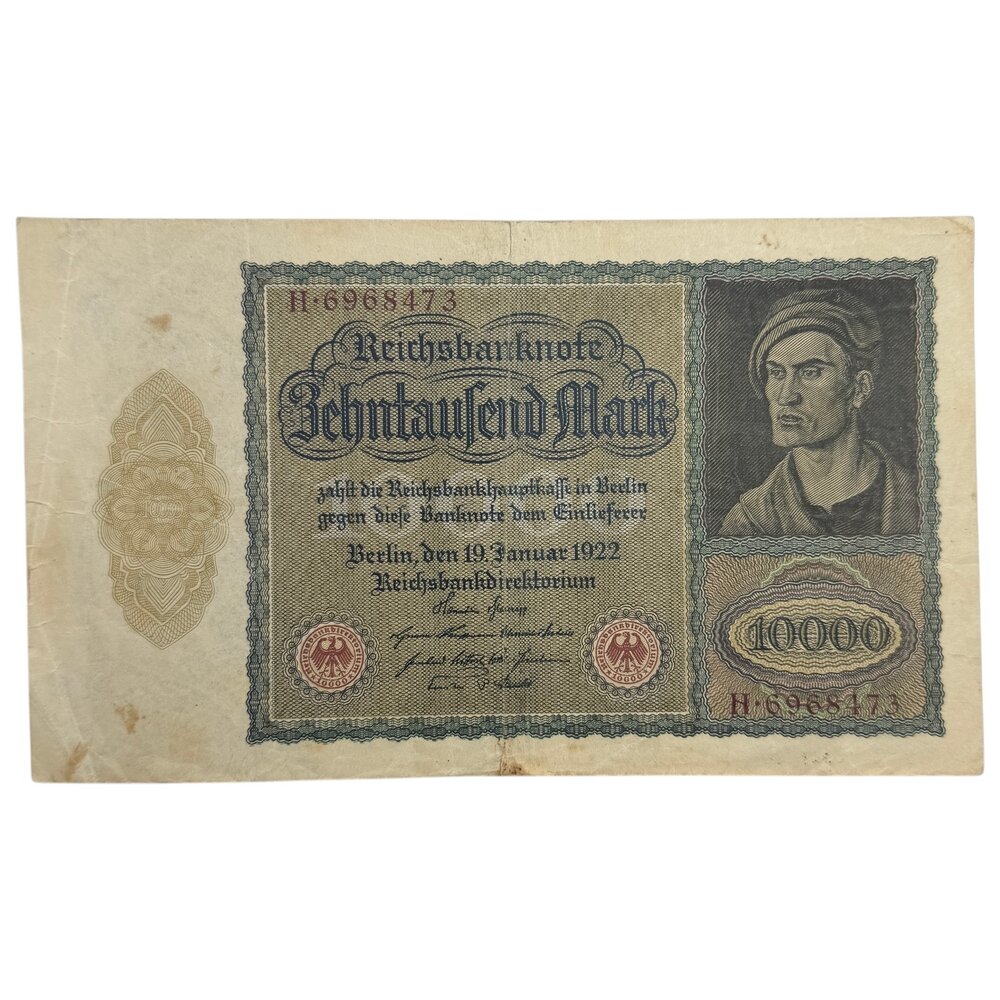 Веймарская республика (Германия) 10000 марок 1922 г. (Без литеры) (Крупный формат) (Серия H)(Лот №2)