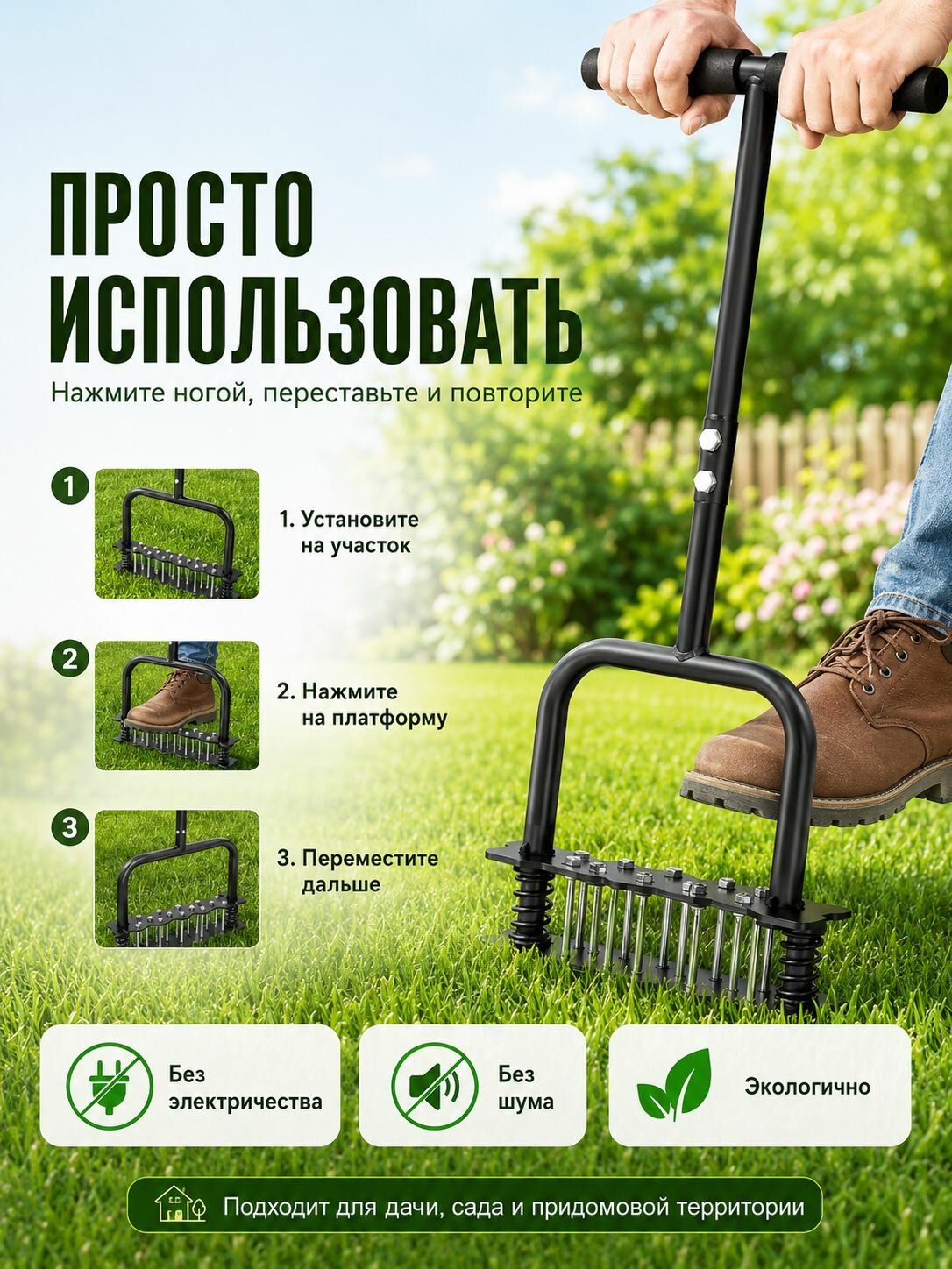 Ручной аэратор для газона с прочной металлической конструкцией, садовый инструмент для ухода и улучшения почвы